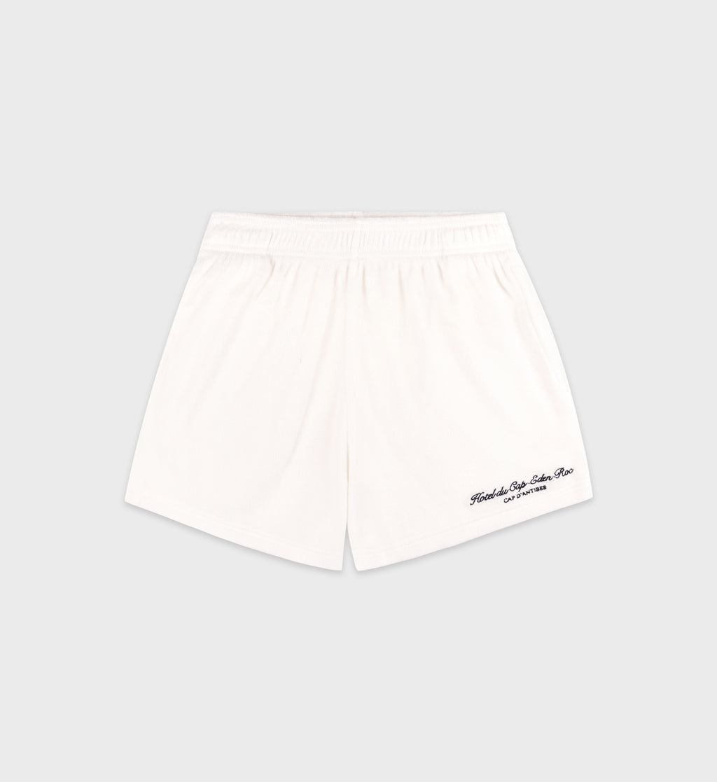 Eden Script Terry Short - White/Navy – Sporty & Rich
